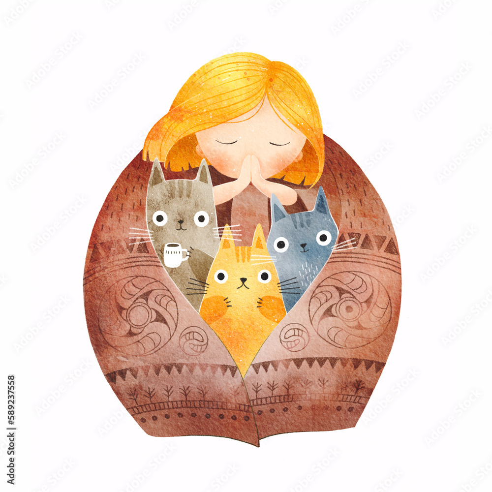 Watercolor illustration of a girl protecting her cats with a warm ...