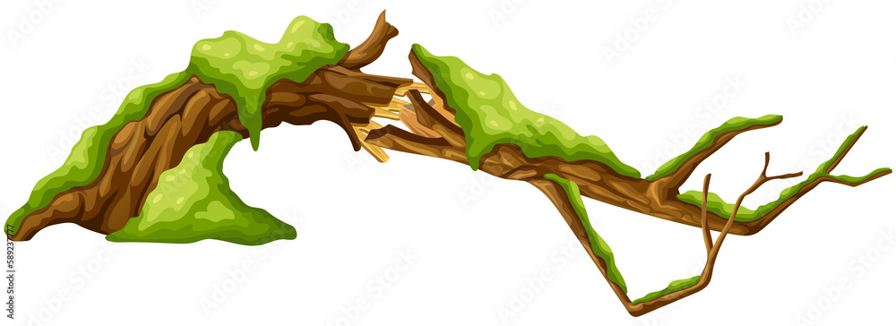 Logs, stump in moss. Cartoon tree in lichen in swamp jungle. Broken oak ...