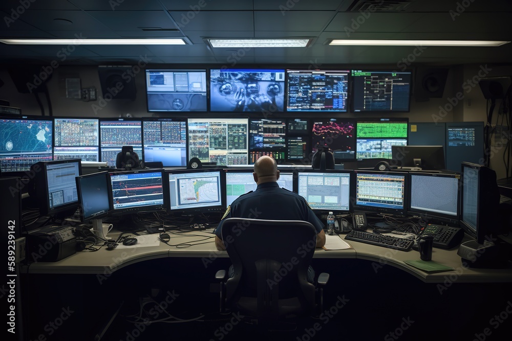 Police officer working in control room full of computer screens ...