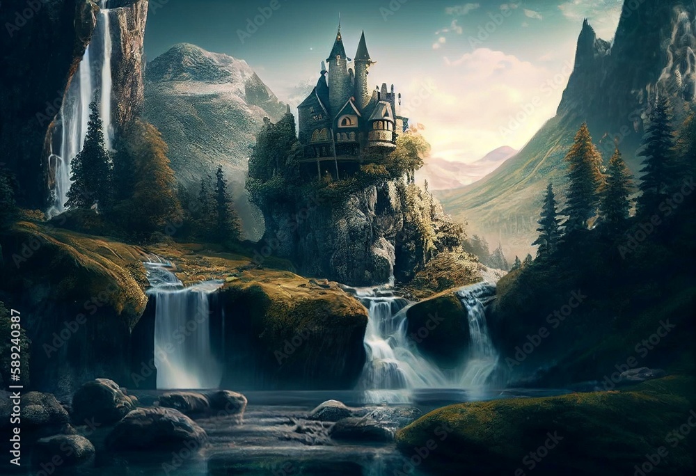 Beautiful digital art of fantasy fairy tale castle on waterfall with hills and mountain scenery ...