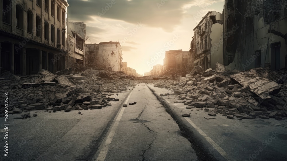 Abandoned city street bathed in warm sunlight, buildings in ruins ...