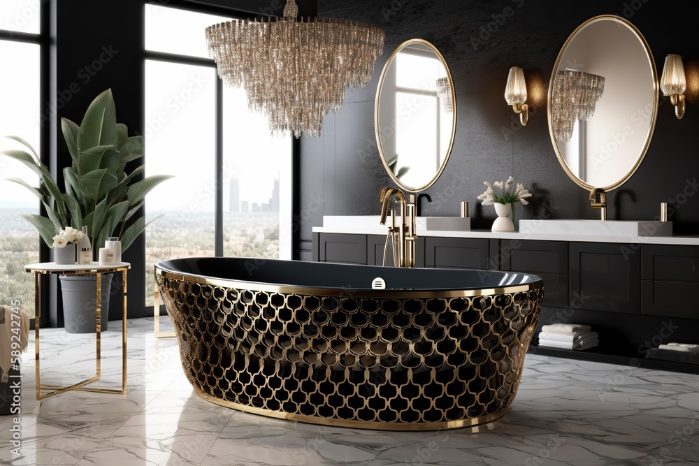 Designing a bathrom modern and sleek aesthetic,tiles,water, spa rary ...