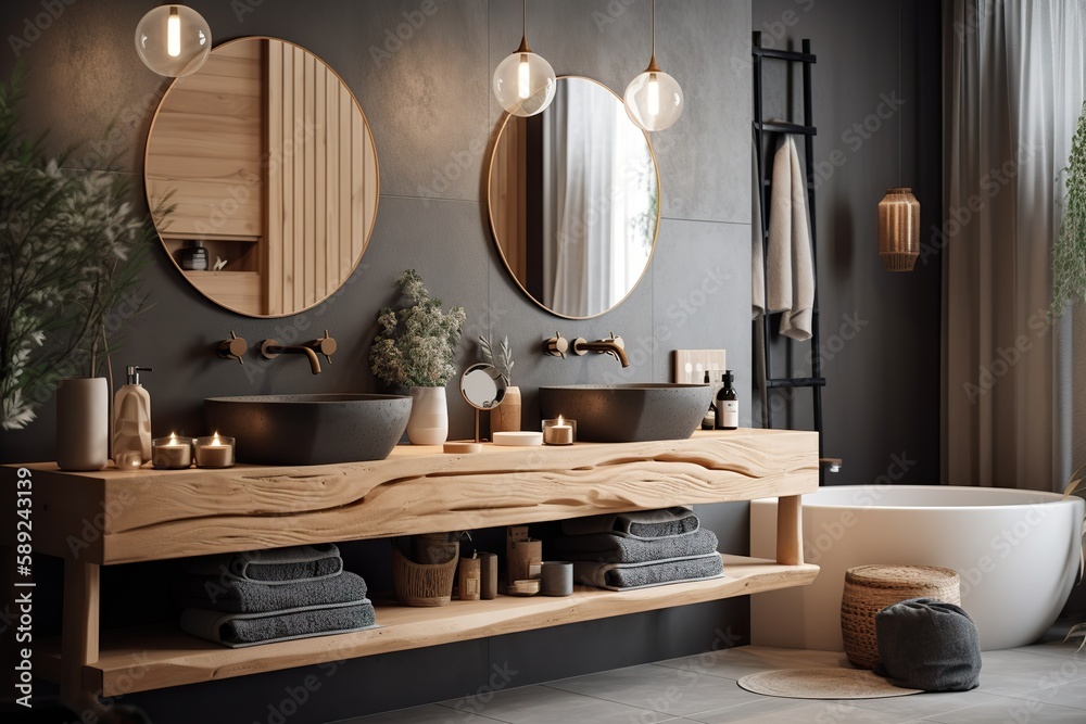 Designing a bathrom modern and sleek aesthetic,tiles,water, spa rary ...