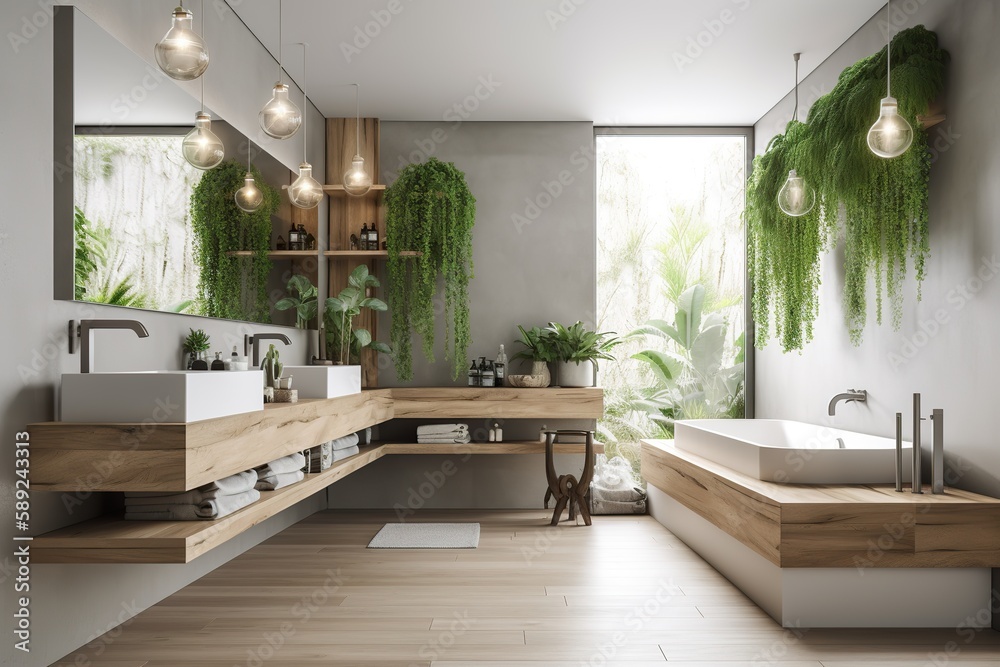 Designing a bathrom modern and sleek aesthetic,tiles,water, spa rary ...