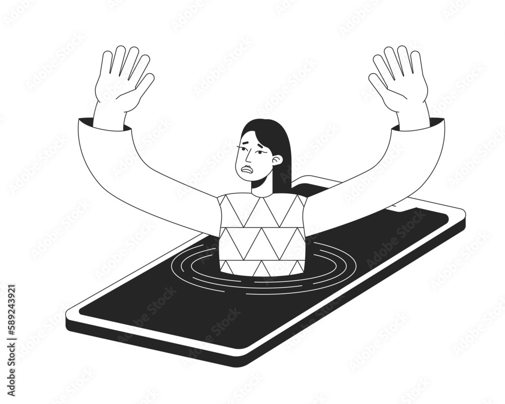 Cell phone obsession black and white concept vector spot illustration ...