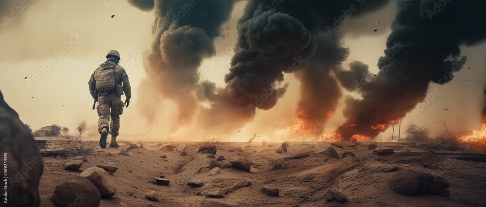 military special forces soldiers crosses destroyed warzone through fire ...