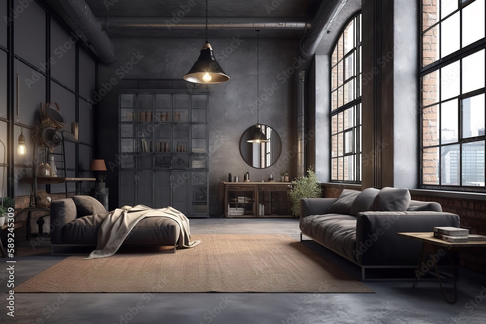 High ceiling loft living room 3d render. There are white brick wall ...