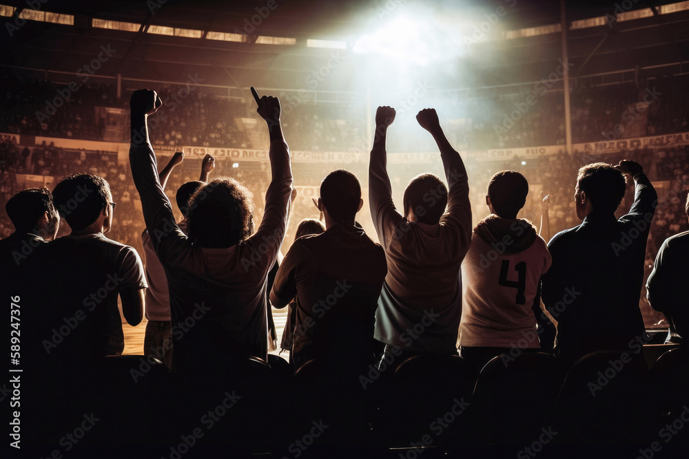 Silhouette of a group of spectators at basketball game cheering for ...