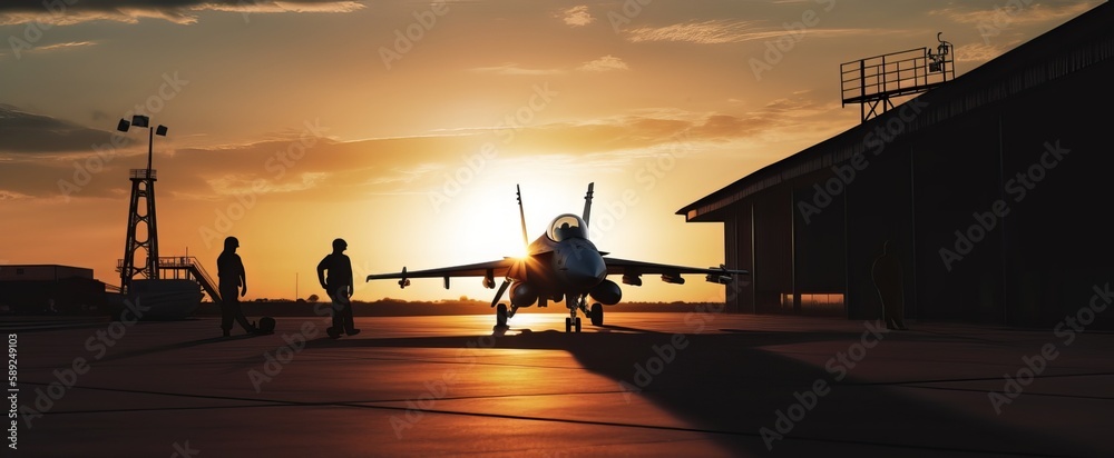 sunset backlit view of military fighter jet pilot beside parked ...