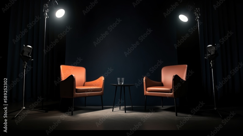 two chairs and spotlights in podcast or interview room on dark ...