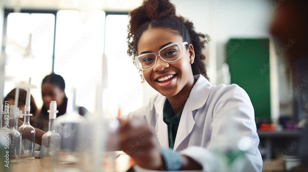 Excited Black Teenage Girl Conducting Science Experiment in High School ...
