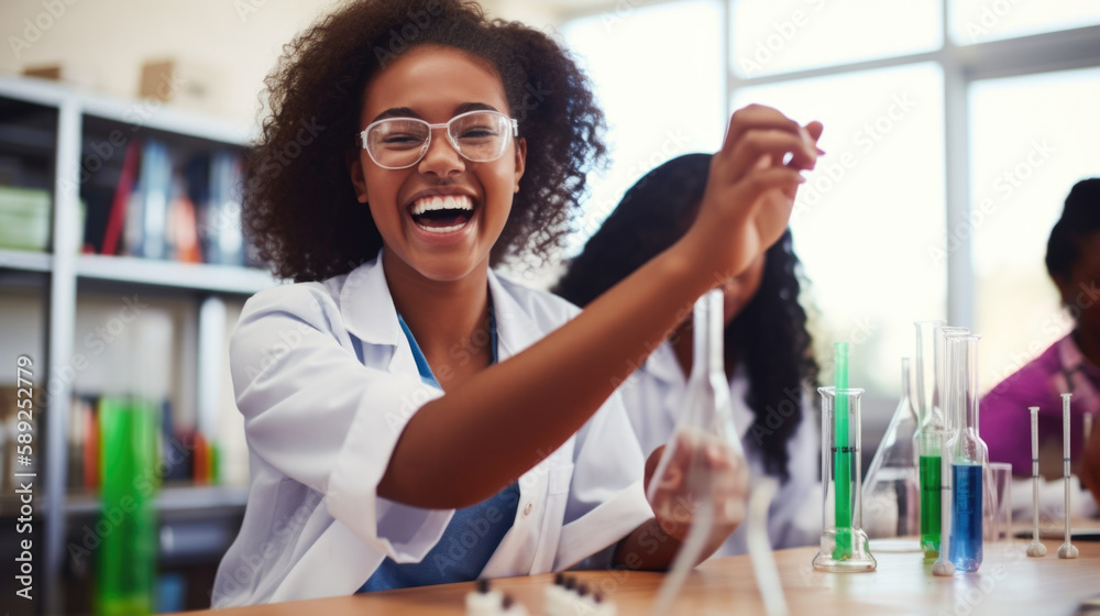 Excited Black Teenage Girl Conducting Science Experiment in High School ...