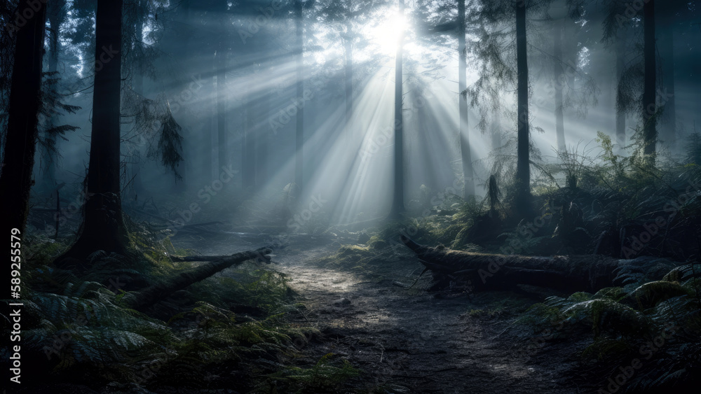 mysterious, foggy forest scene, with beams of light emanating from a ...