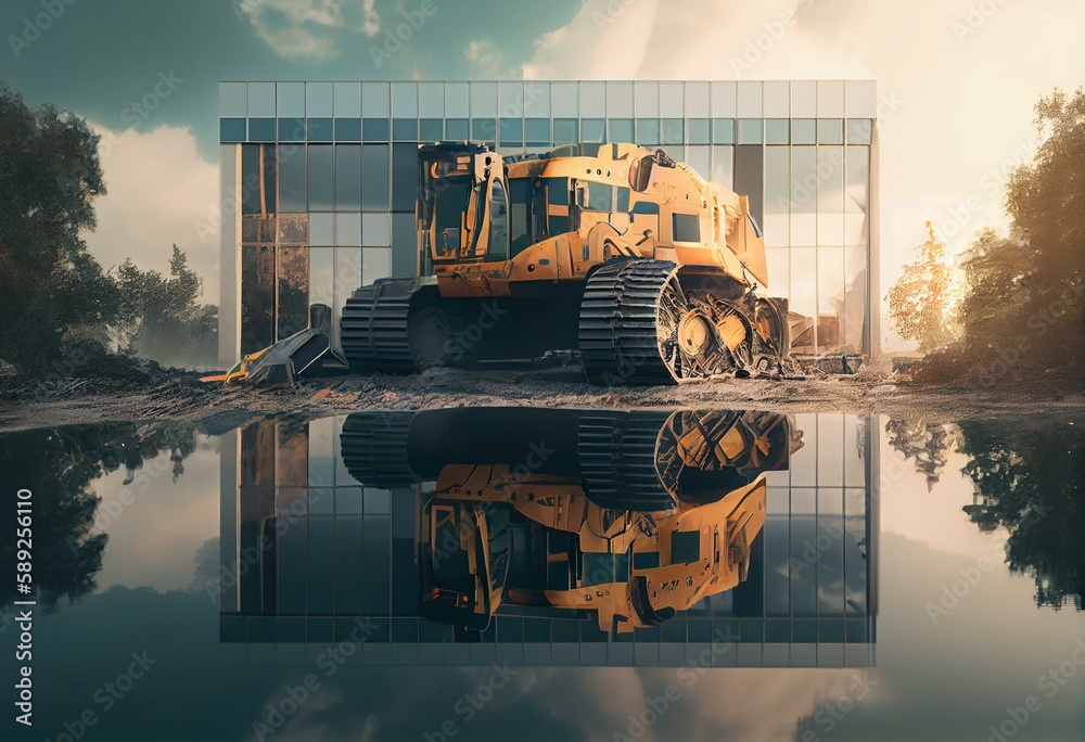 A large bulldozer is in a building with a reflection in the water on ...