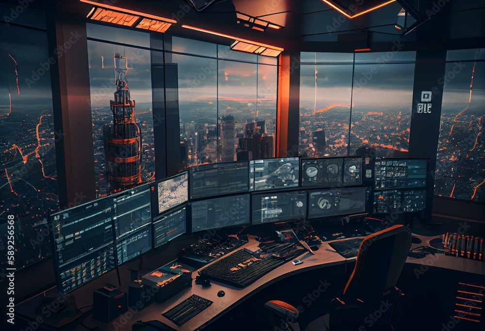Security / Network Operations Center at the top of a Sky Scraper ...
