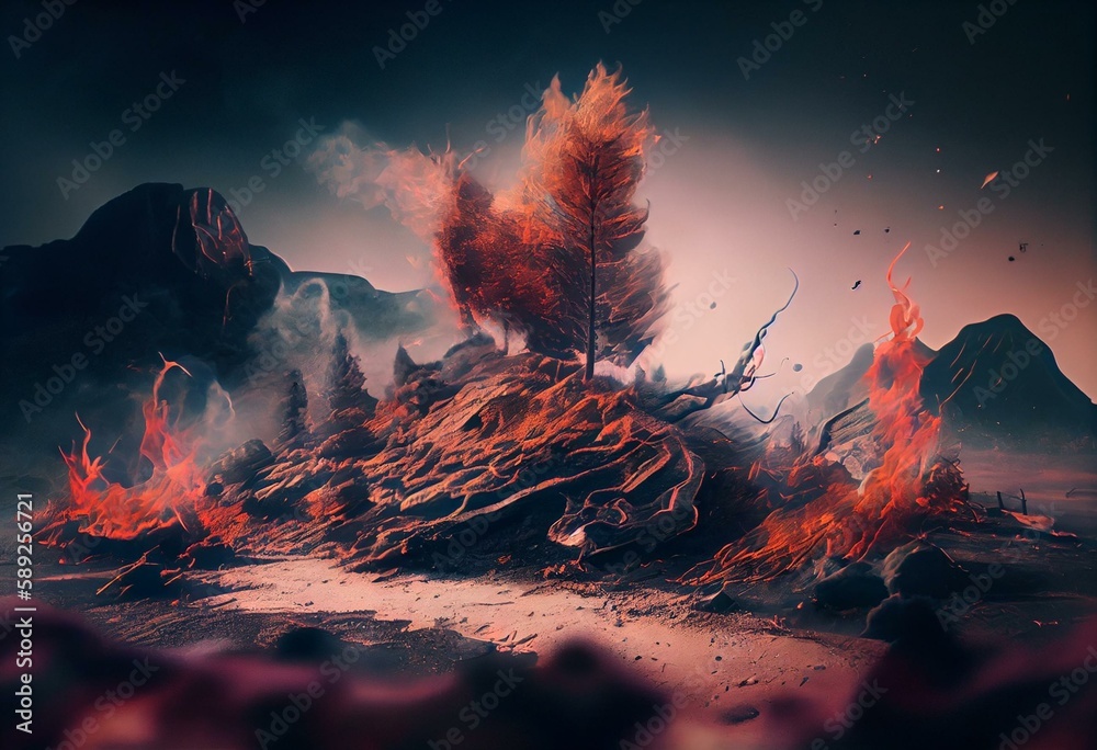 The aftermath of a wildfire: burnt land, scorched earth, smoldering ...