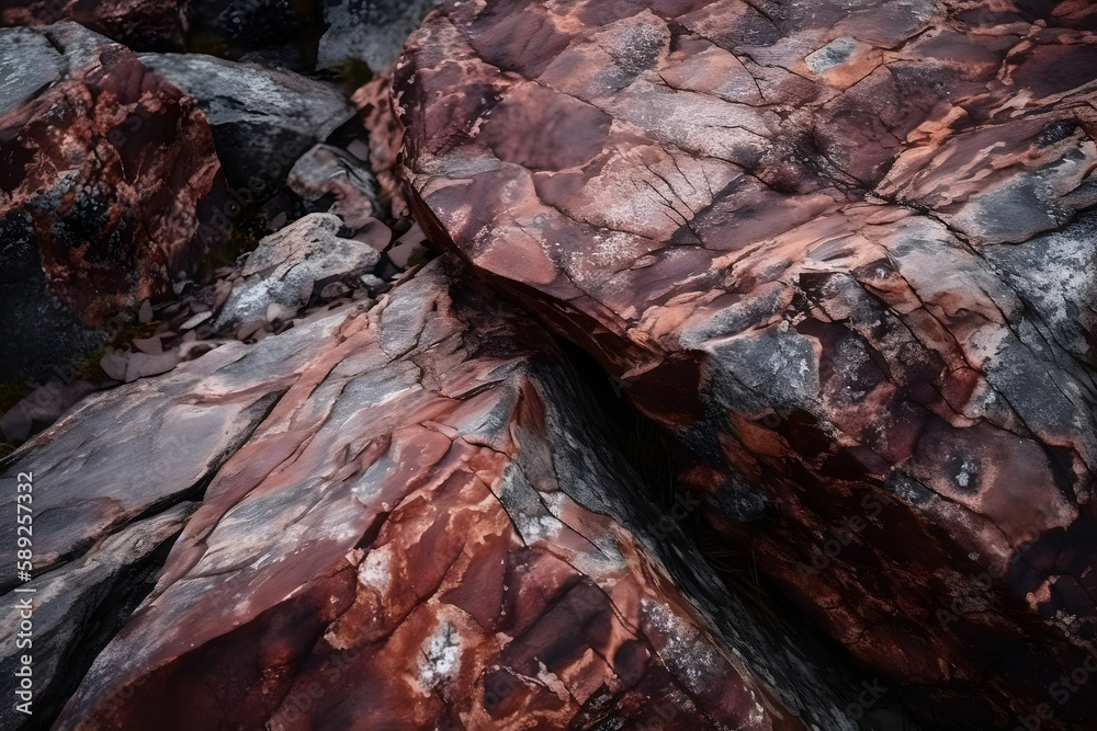 Brown rock texture close-up with cracks. Rough mountain surface. Stone ...