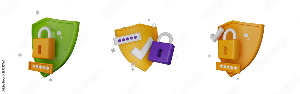3d Shield Secure Icon Set Authentication Render Lock Password Secret Personal Data Protection