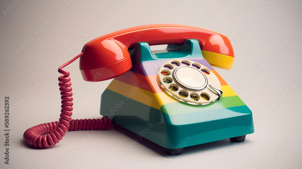 Old telephone on white background, with modern day rainbow colours ...