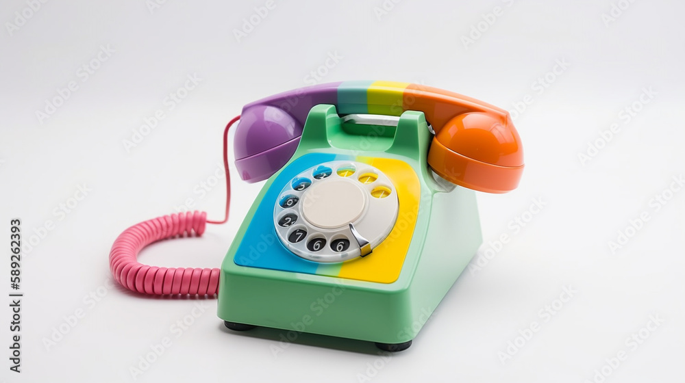 Old telephone on white background, with modern day rainbow colours ...