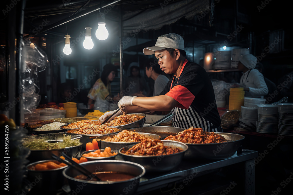 Generative AI illustration of street chef in Bangkok Thailand cooks up ...