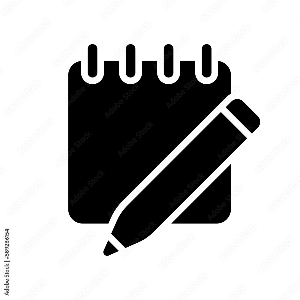 Notepad and pencil icon. Black silhouette. Front view. Vector simple ...