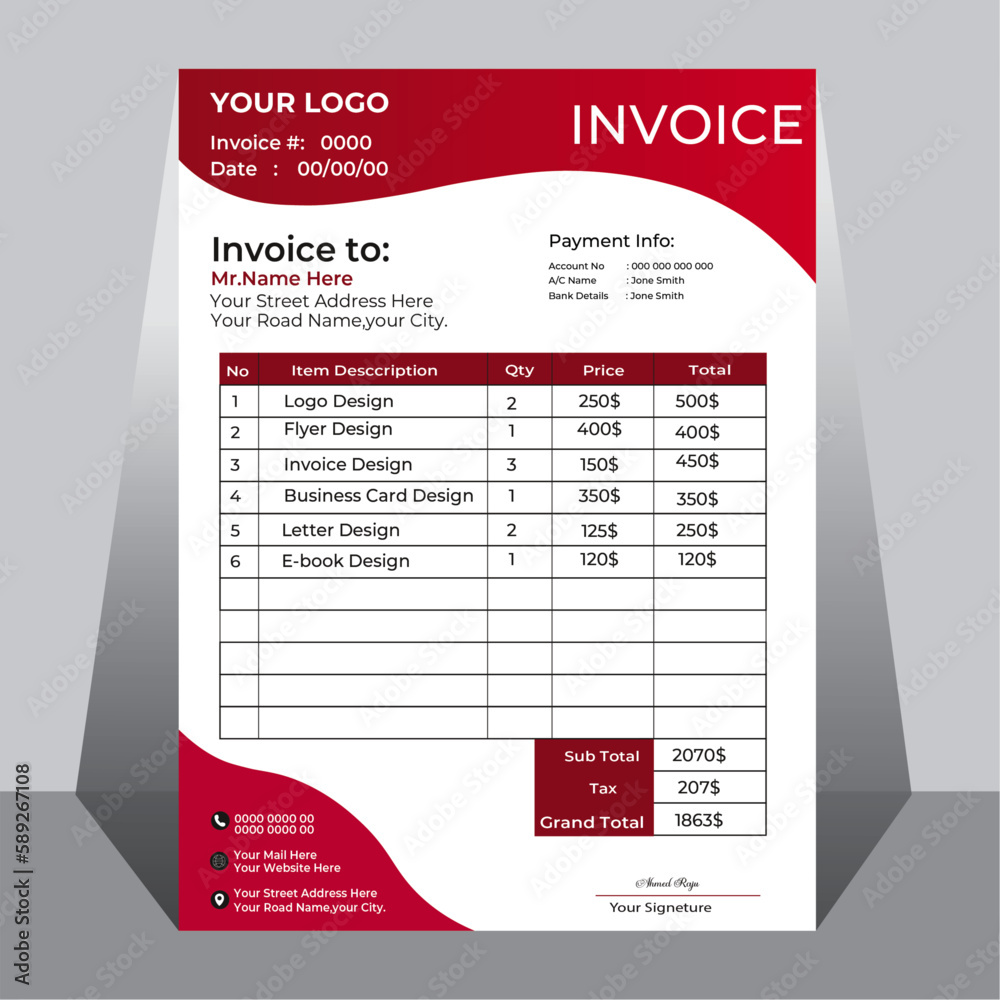 Business invoice template. Invoicing quotes, money bills or price ...