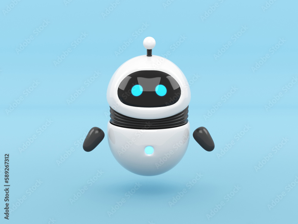 Cute white robot with screen face and blue eyes, 3d render isolated on ...