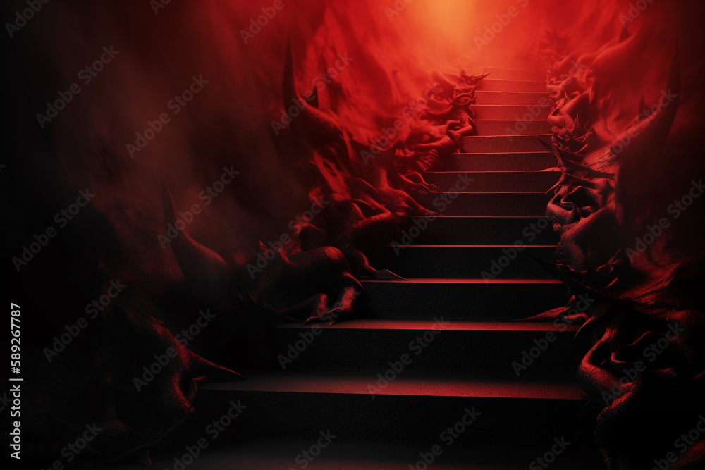 Stairs to hell visualization. Dark rock stairs going down to hell visualization. Red and orange ...