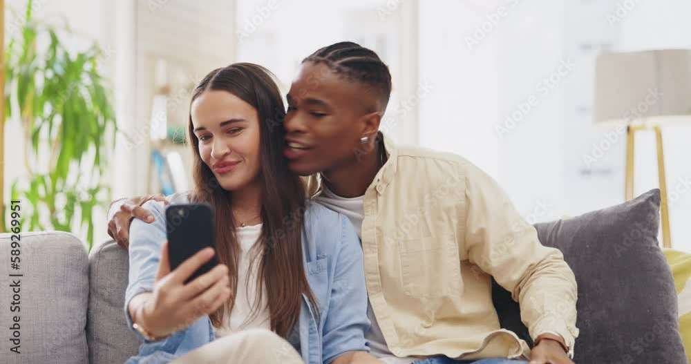 Peace sign, selfie and couple kiss in home, sofa and taking profile ...
