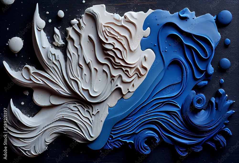 Embossed pasty oil paints and reliefs. Primary colors: blue, white grey ...