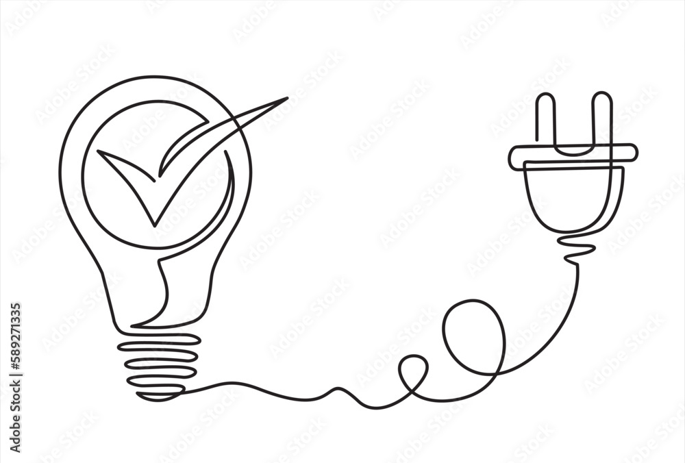 Continuous one line drawing of lightbulb with checkmark like quick tip ...