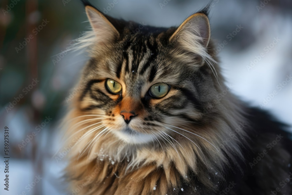 Cat playing with snow. Cat walking outdoors in snow in winter created ...