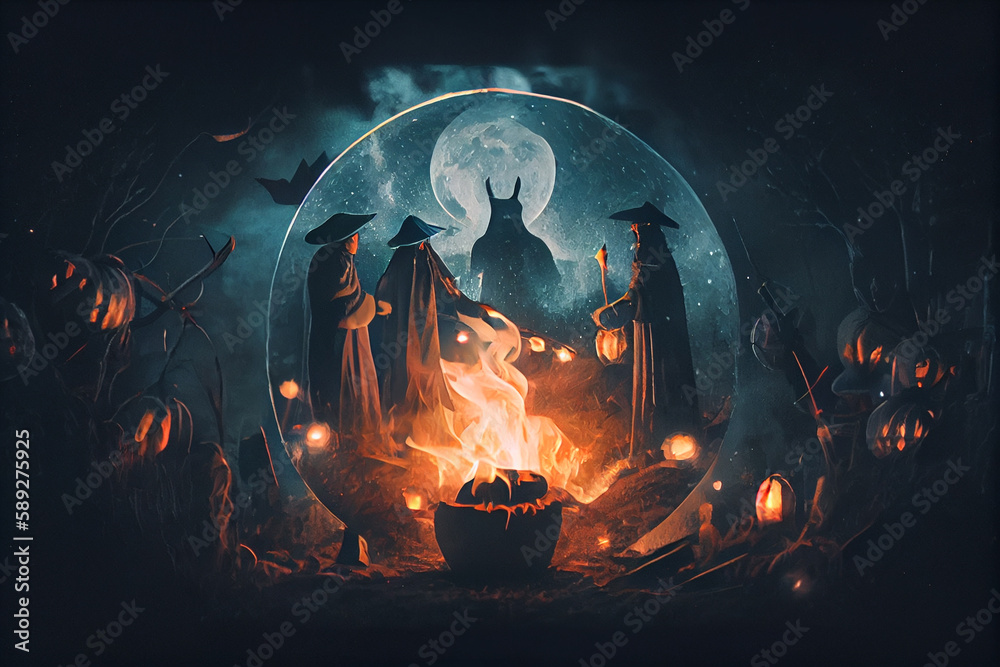 Occult witch sabbath ritual fire gathering in forest at night with moon ...