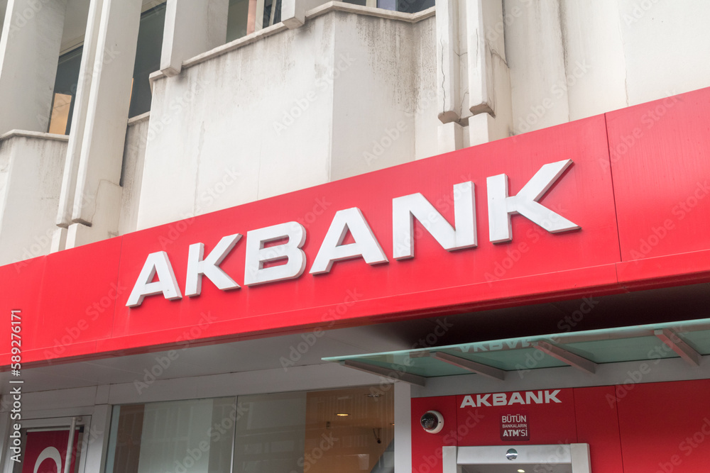 Istanbul, Turkey - December 10, 2022: Logo and sign of Akbank, one of ...