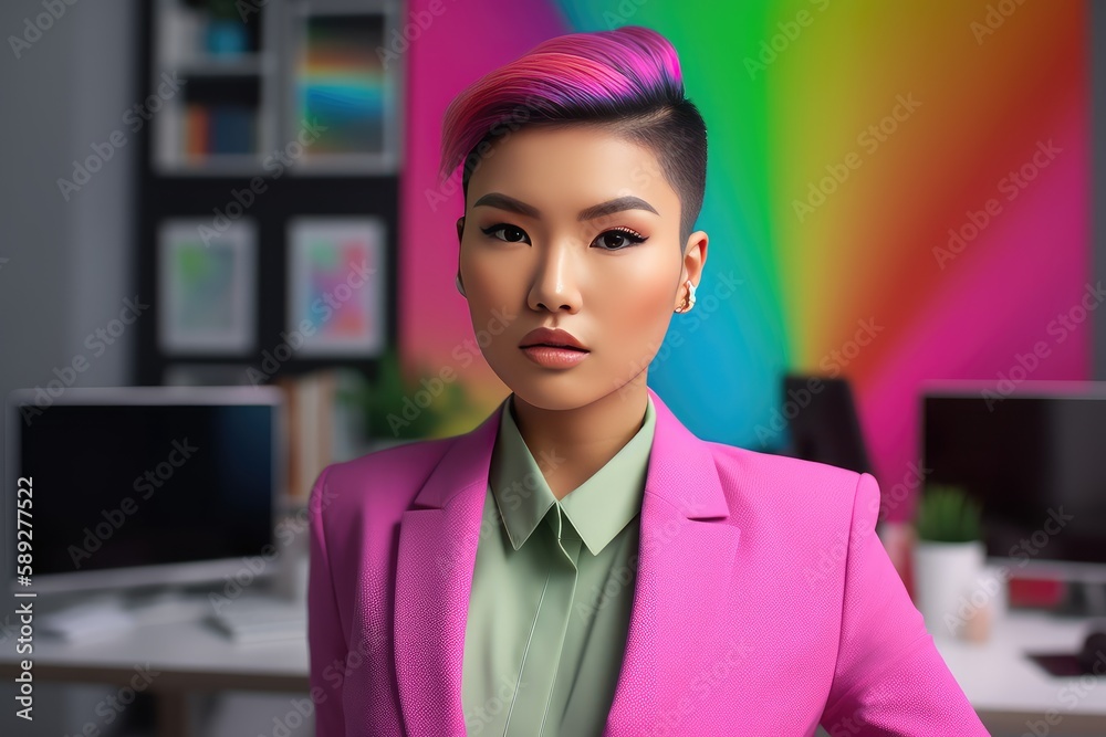 Fictional (AI) asian queer person at the office, non-binary ...