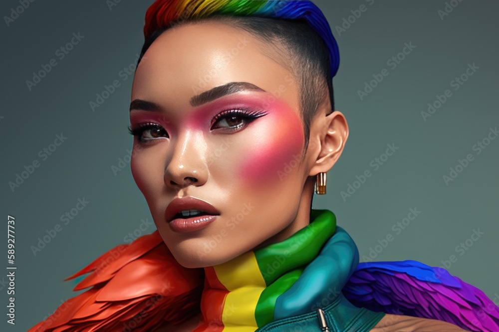 Beautiful asian woman with bright make-up and rainbow hair on gay pride ...