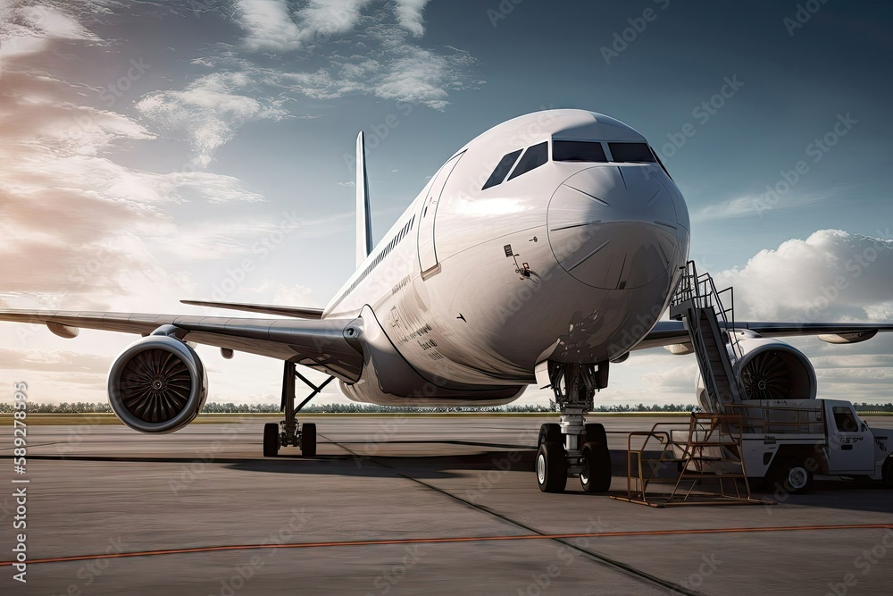 towing cargo airplane to airport runway wide panorama landscape with ...