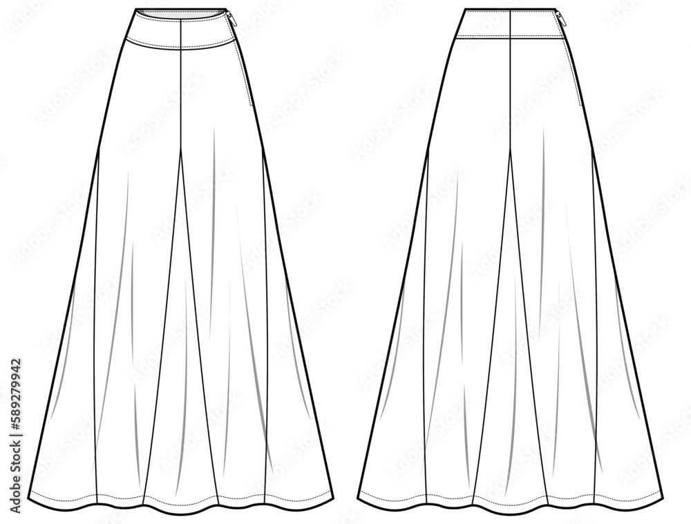 Women flared gusset full Skirt flat sketch illustration, Long gusset ...