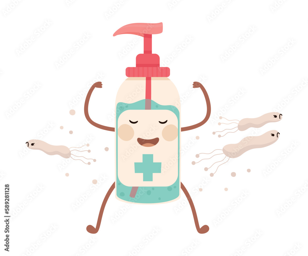 Cute hand sanitizer character fighting against microbes and viruses ...