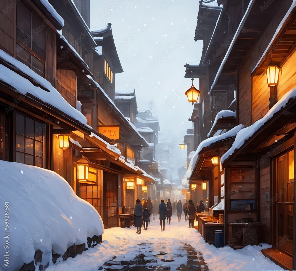 Japanese traditional house street with snow, Japanese game concept art ...
