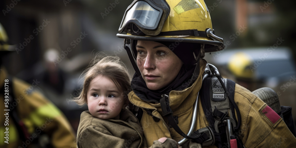 A female firefighter carrying a child to safety during a rescue mission, demonstrating authority ...