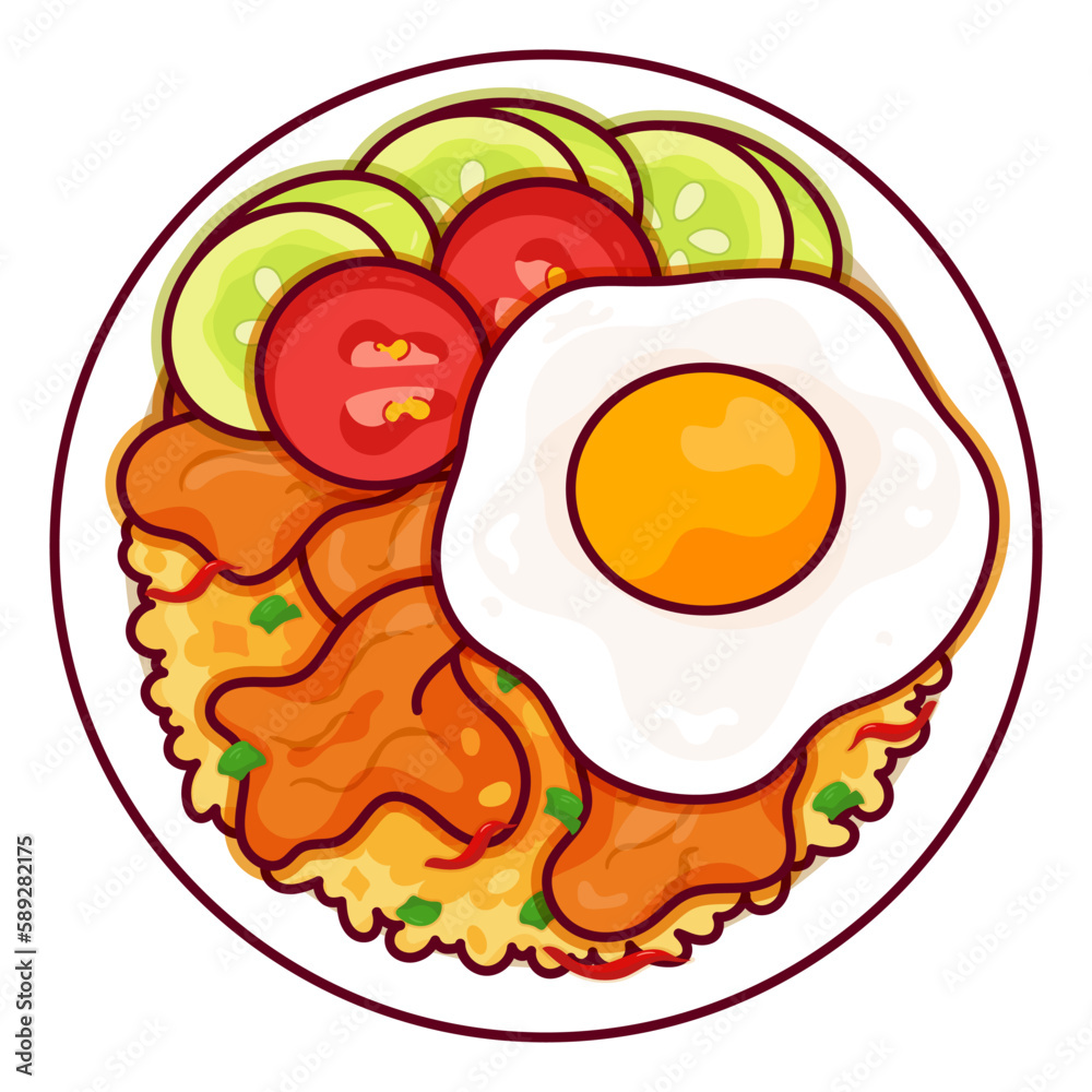 Indonesian nasi goreng fried rice with fried egg recipe illustration ...