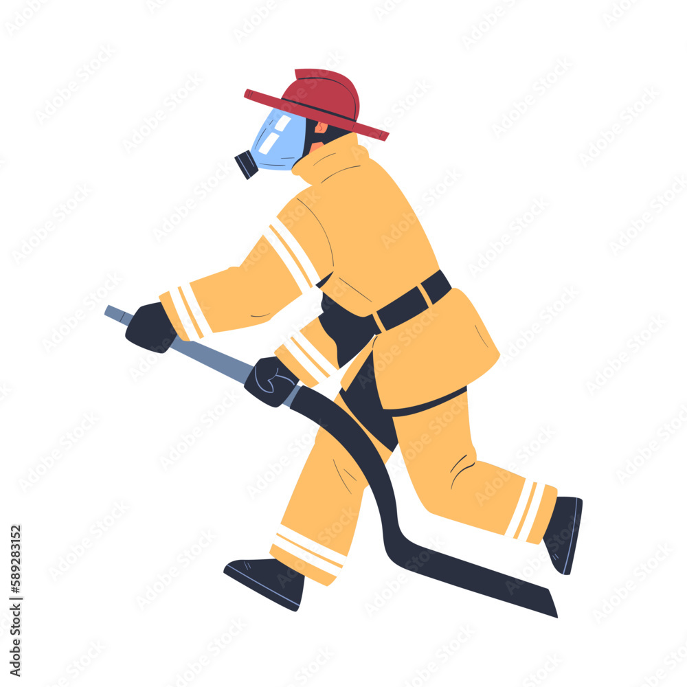 Professional firefighter running with hose. Fireman character in ...