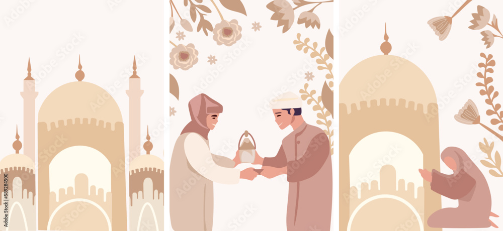 Celebrating Together, A Joyful Muslim Community with Mosque Silhouette ...