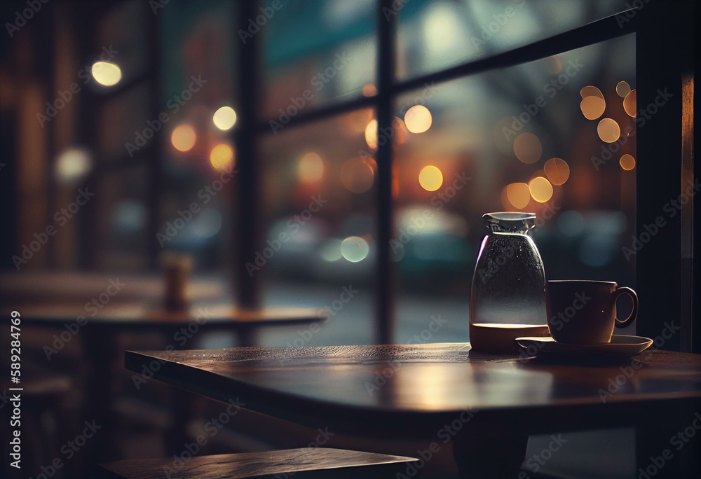 dark blurred background with empty table top, cafe restaurant windows ...