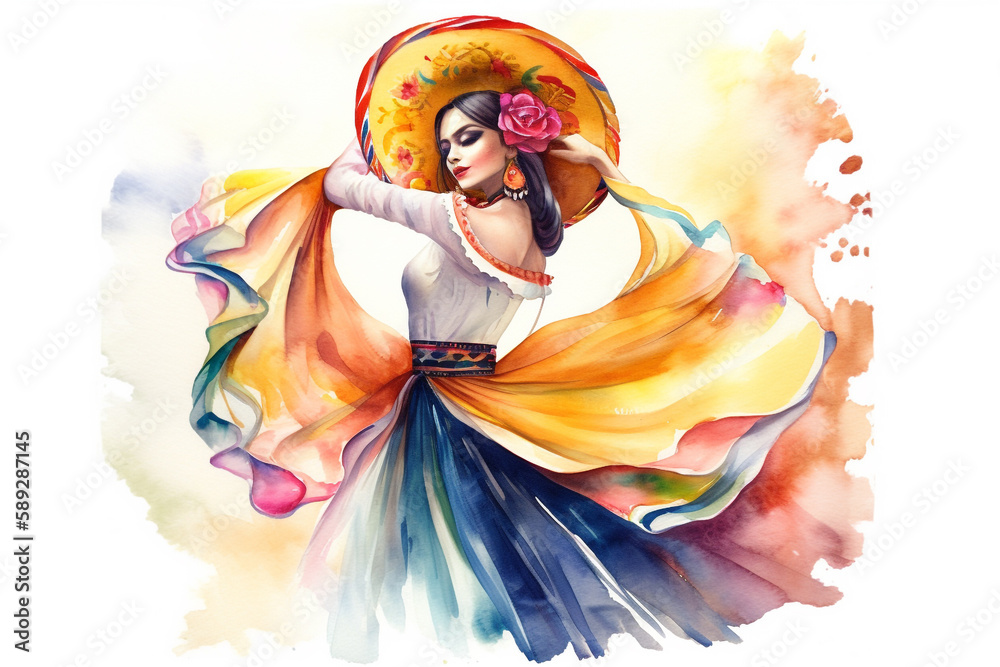 Generative Ai of a Mexican woman in traditional costume dancing. Stock ...