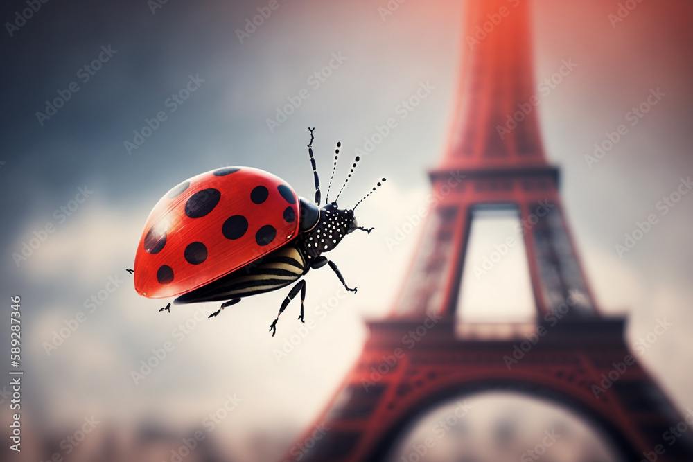 Generative AI of a ladybug flying in front of the Eiffel tower. Stock ...