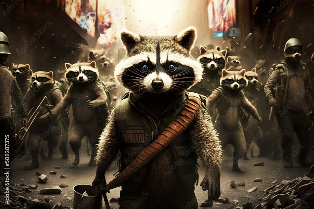 Generative AI of racoons invading a city. ilustração do Stock | Adobe Stock