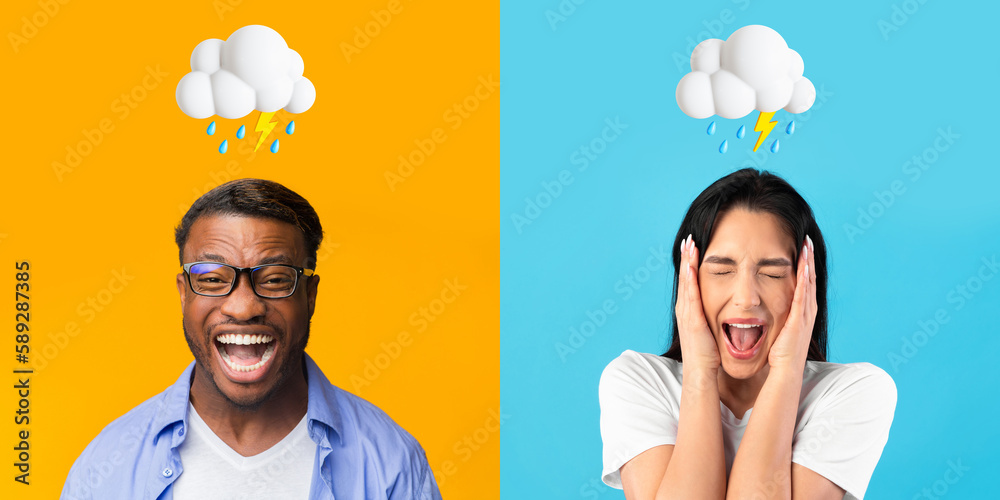 Angry excited young black man and european woman with lightning cloud ...